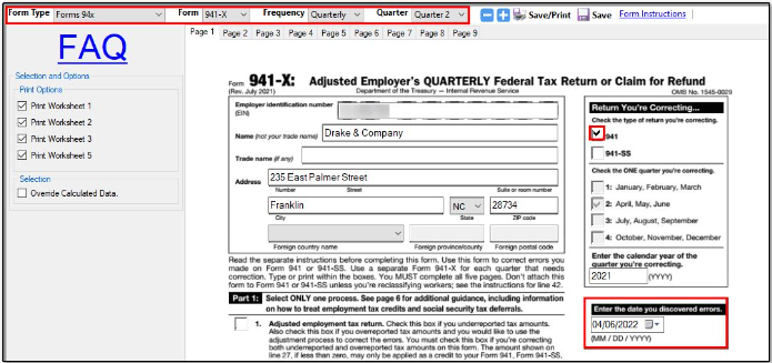 Drake Accounting - 941-X - Amended Quarterly Return