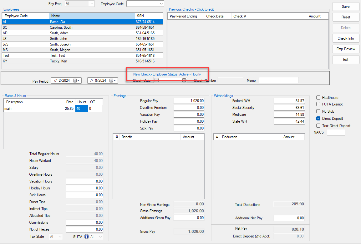 Drake Accounting - Employee Status Affects the Payroll Screen Fields