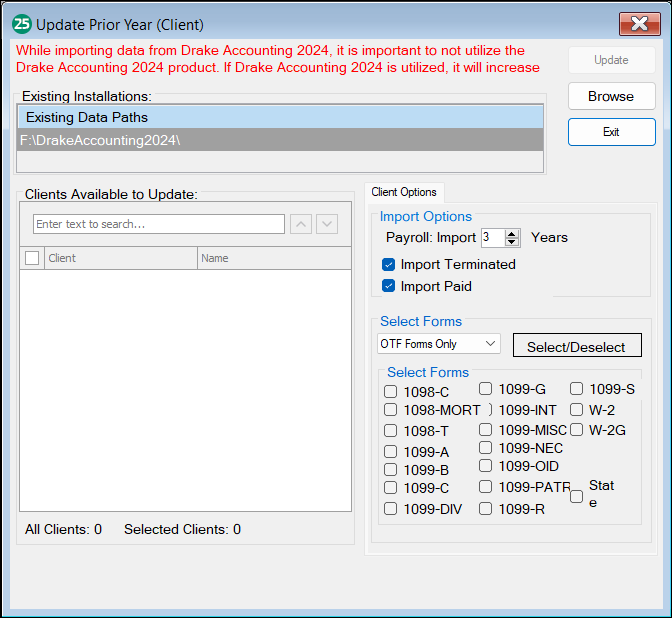 Drake Accounting - Client Already Exists - Updating from Prior Year