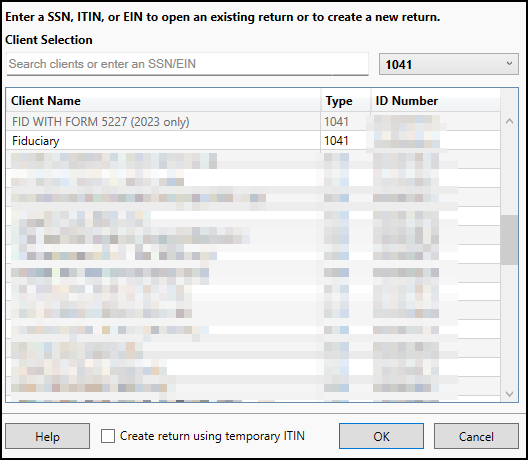 Drake Tax – Open/Create Client Selection List (Name Index)