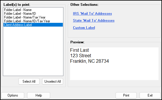 Drake Tax - Mailing Labels and Printing Options