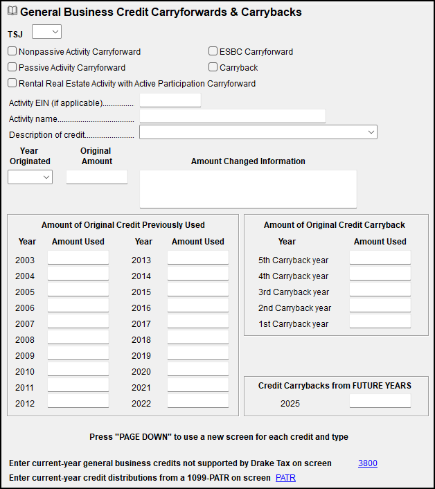 Drake Tax - GBC and 3800 Screens for General Business Credits