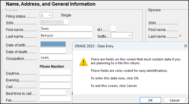 Drake Tax - Color-Coded Fields Required for e-File