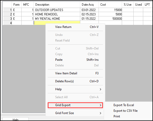 Grid Data Entry and Export - DIV, INT, 4562, Dependent Screens