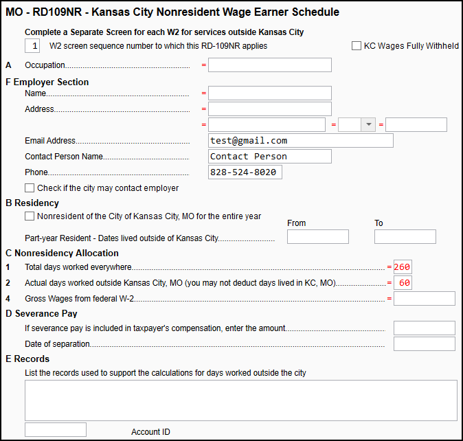 MO - Kansas City Earnings Tax Form RD-109