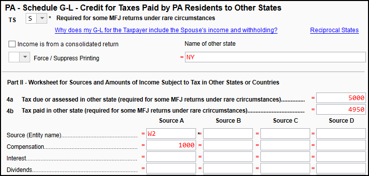 Drake Tax - PA-40 - Schedule G-L