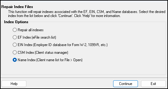 Drake Tax – Open/Create Client Selection List (Name Index)